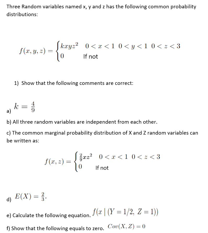 Three Random variables named x,y and z has the | Chegg.com