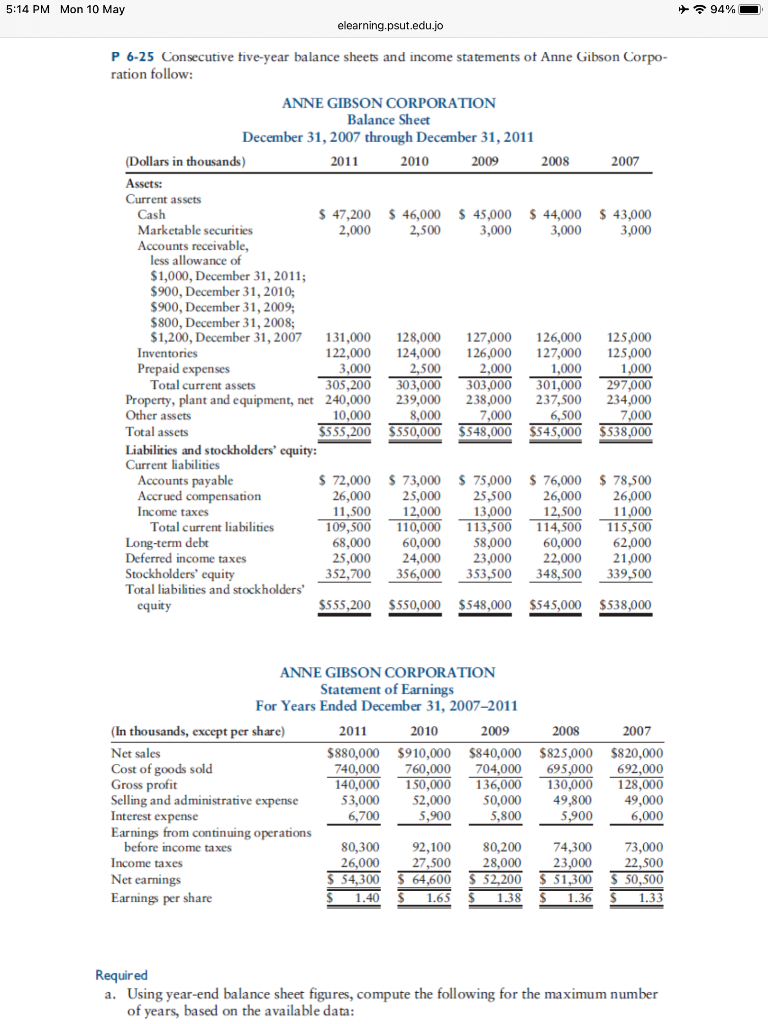 Solved 5:14 PM Mon 10 May + 94% elearning.psut.edu.jo P 6-25 | Chegg.com
