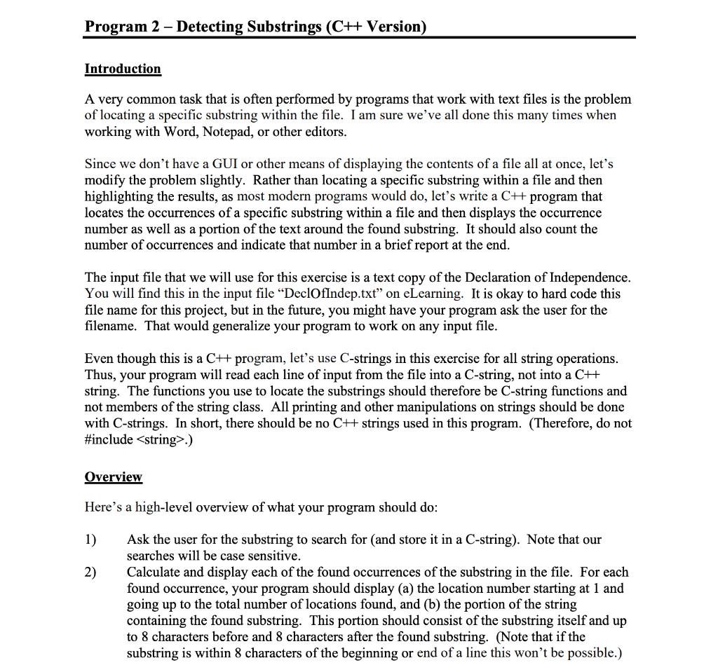Program 2 – Detecting Substrings (C++ Version) | Chegg.com