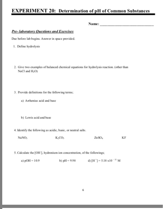 Solved EXPERIMENT 20: Determination of pH of Common | Chegg.com