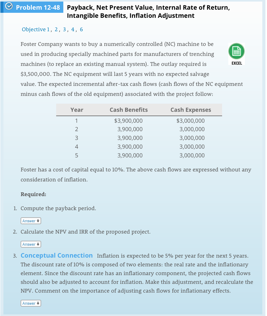 Solved Problem 12-48 Payback, Net Present Value, Internal | Chegg.com