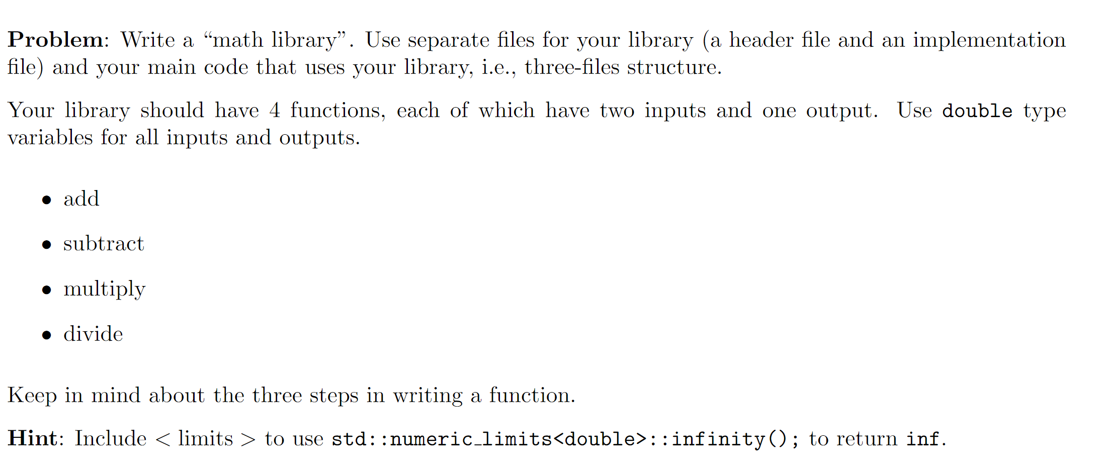Solved Problem: Write a "math library". Use separate files | Chegg.com