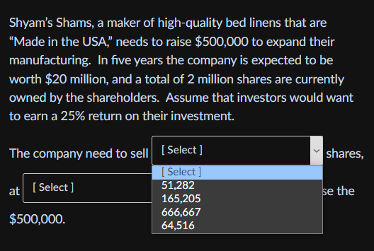 Solved Shyam's Shams, a maker of high-quality bed linens | Chegg.com