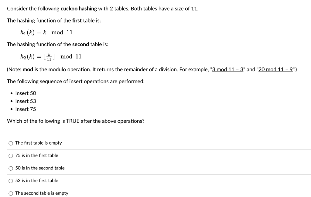 Solved Consider the following cuckoo hashing with 2 tables. | Chegg.com