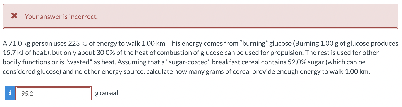 Solved A 71.0 kg person uses 223 kJ of energy to walk 1.00 | Chegg.com