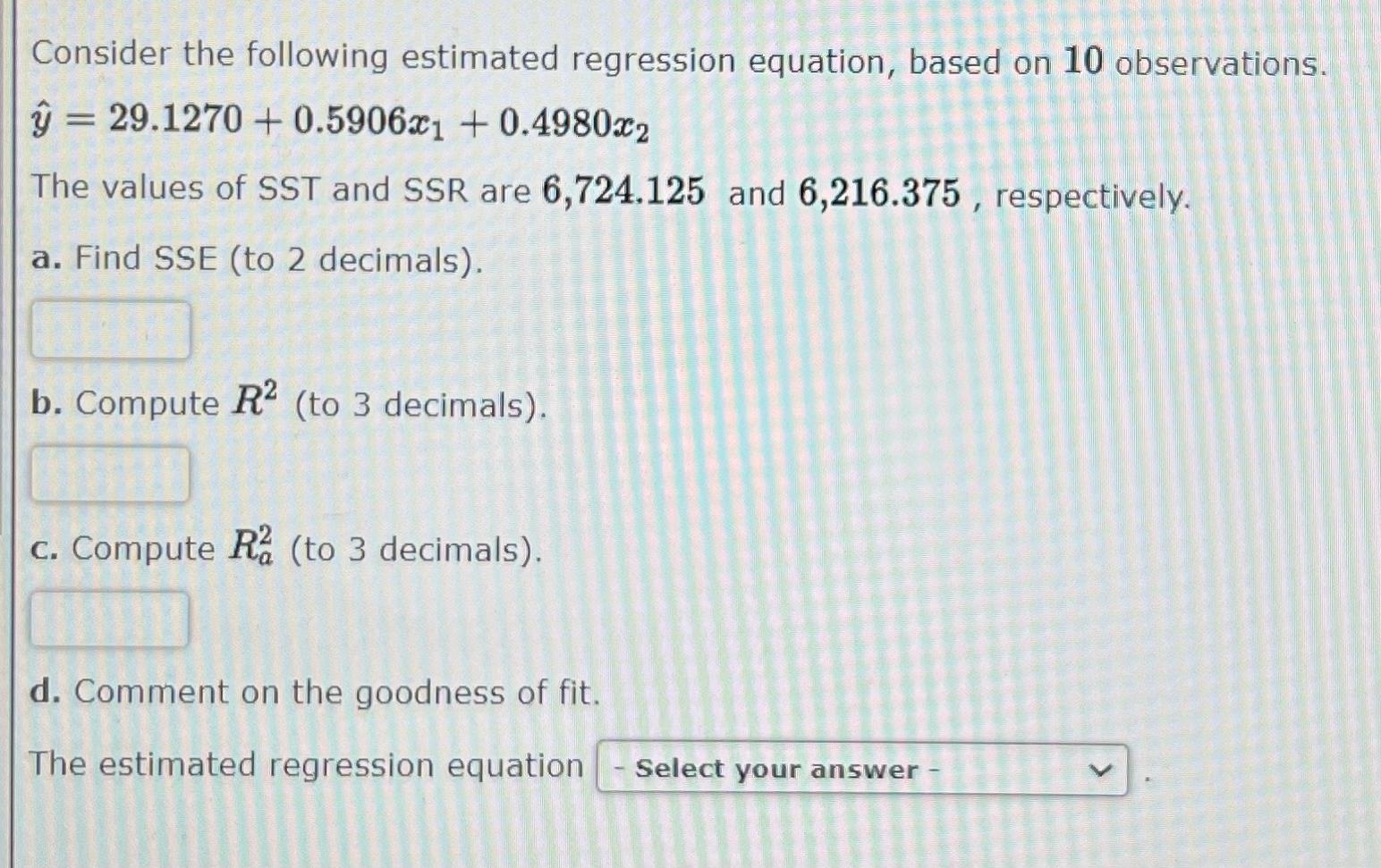 Solved Consider the following estimated regression equation, | Chegg.com