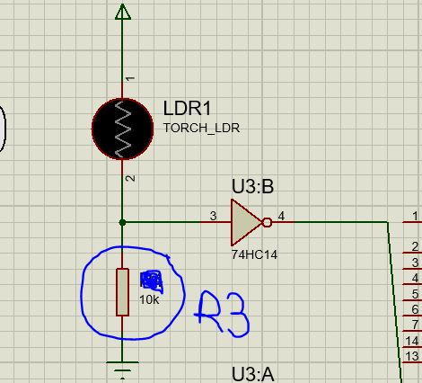 Solved 4 LDR1 TORCH_LDR 2 U3:B 3 1 74HC14 10K R3 WANO JUAN 1 | Chegg.com