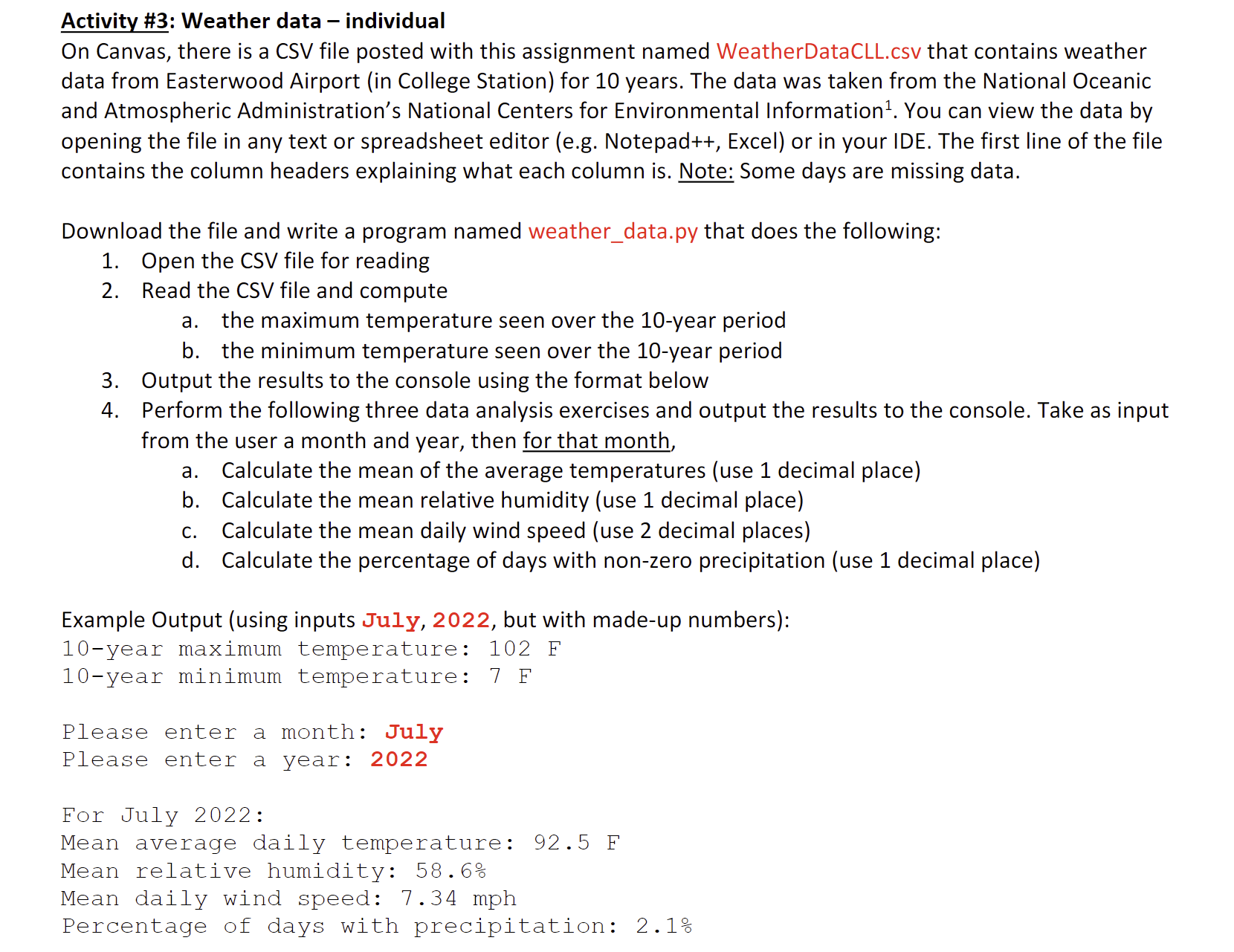 Solved Activity \#3: Weather data - individual On Canvas, | Chegg.com