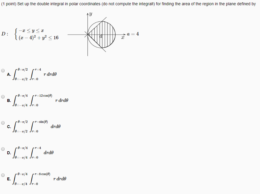 Solved (1 point) Set up the double integral in polar | Chegg.com