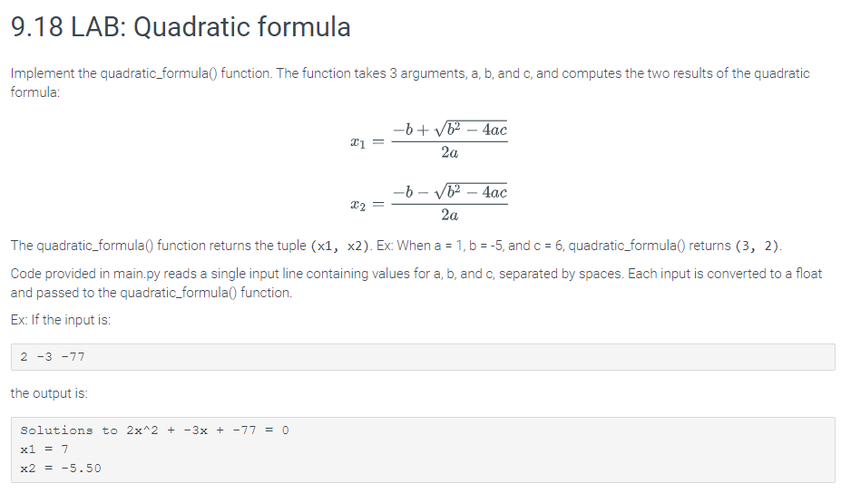 Solved 918 Lab Quadratic Formula Implement The