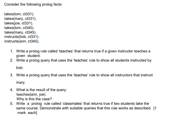 Solved Consider the following prolog facts takes(tom, ct331) | Chegg.com