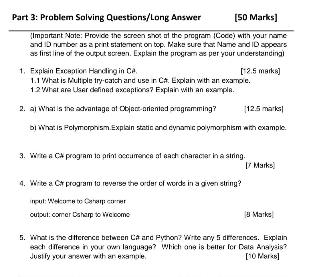 Solved Part 3: Problem Solving Questions/Long Answer (50 | Chegg.com