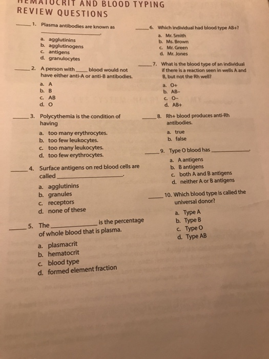 Solved HEMATOCRIT AND BLOOD TYPING REVIEW QUESTIONS 1. | Chegg.com