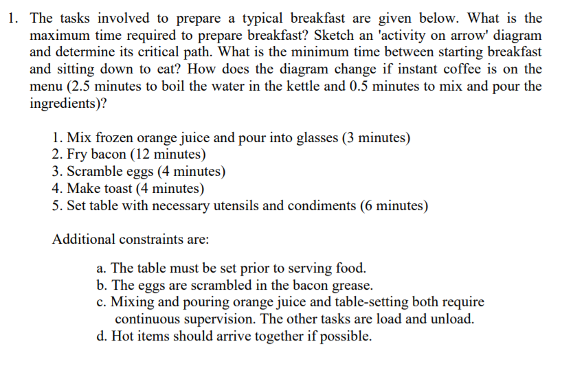 Solved 1. The tasks involved to prepare a typical breakfast | Chegg.com