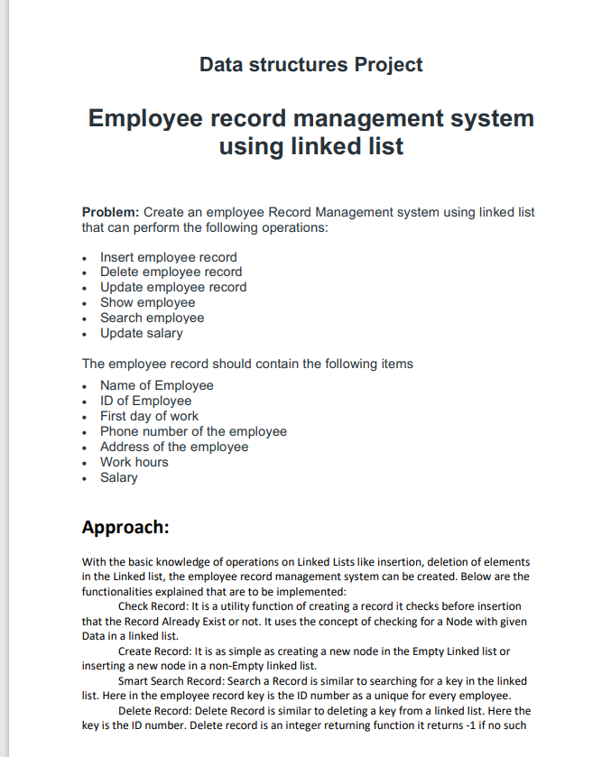 Solved Data structures Project Employee record management | Chegg.com