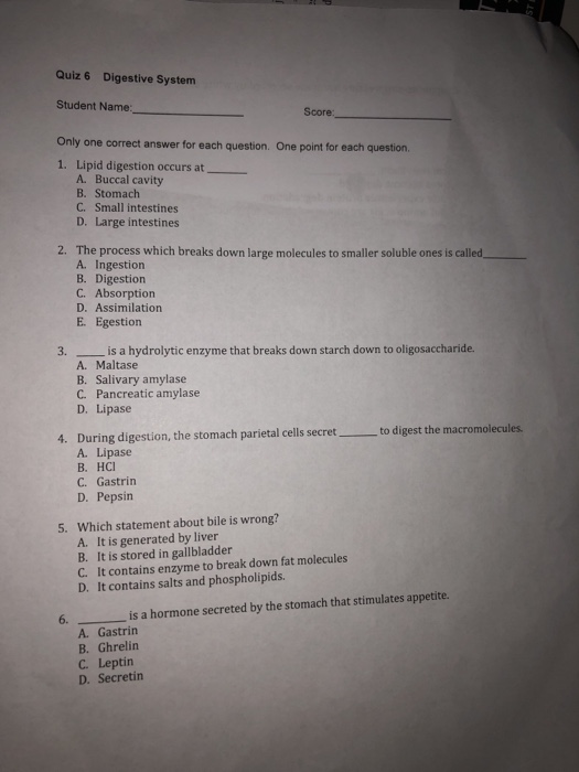 Solved: Quiz 6 Digestive System Student Name Score: Only O... | Chegg.com