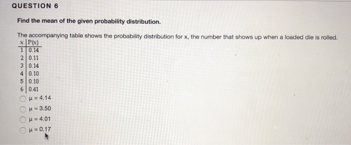 Solved QUESTION 6 Find the mean of the given probability | Chegg.com