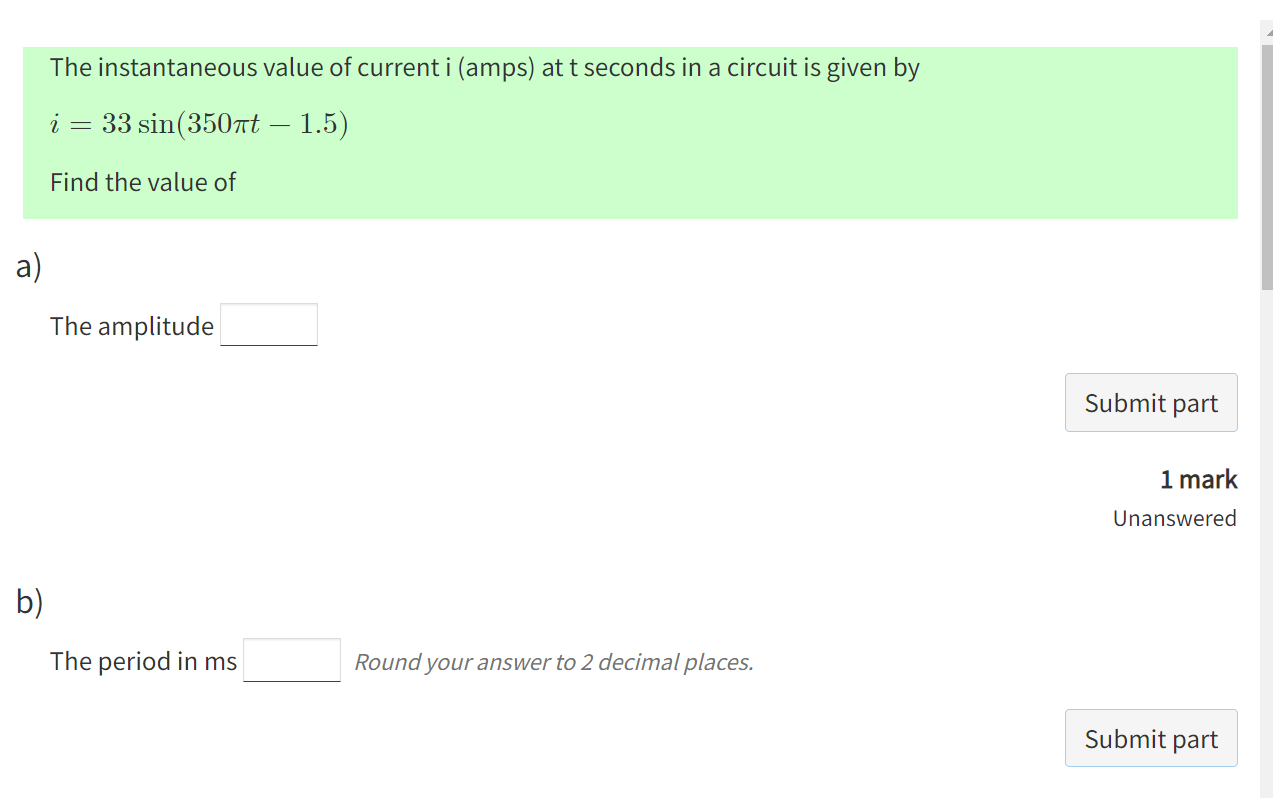 Solved The instantaneous value of current i (amps) at t | Chegg.com