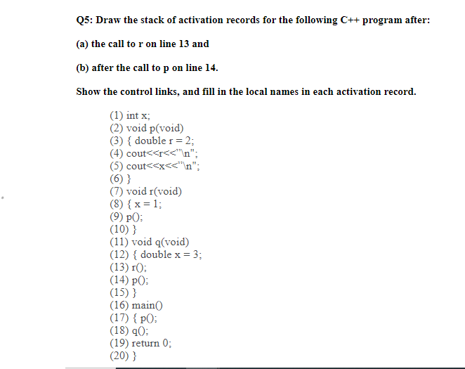 Solved Q5: Draw the stack of activation records for the | Chegg.com