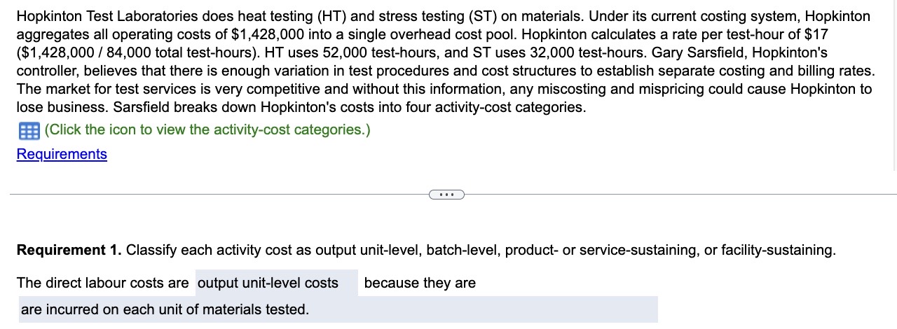 Solved Requirement 1. ﻿Classify each activity cost as output | Chegg.com