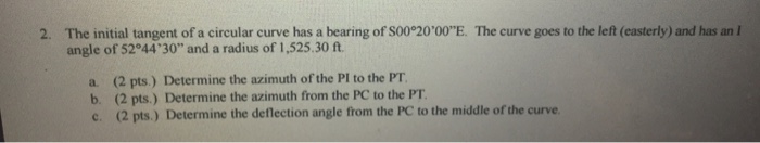 Solved The initial tangent of a circular curve has a bearing | Chegg.com