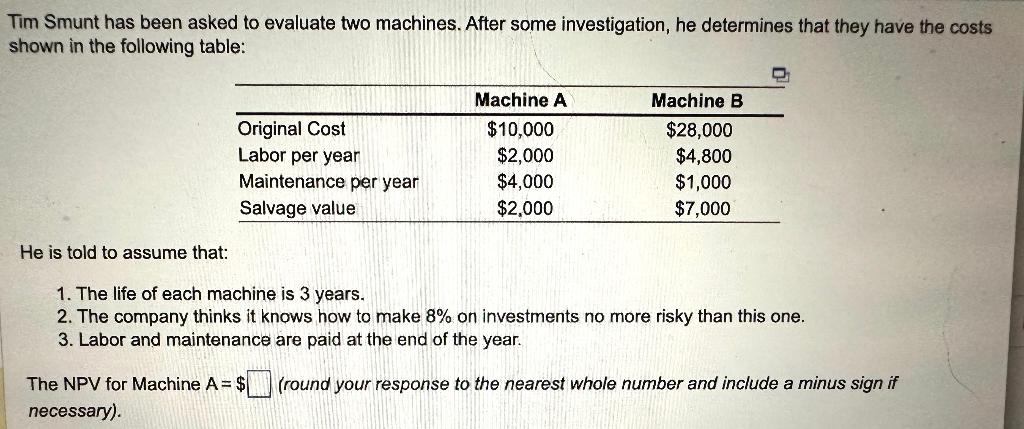 Solved Tim Smunt has been asked to evaluate two machines. | Chegg.com