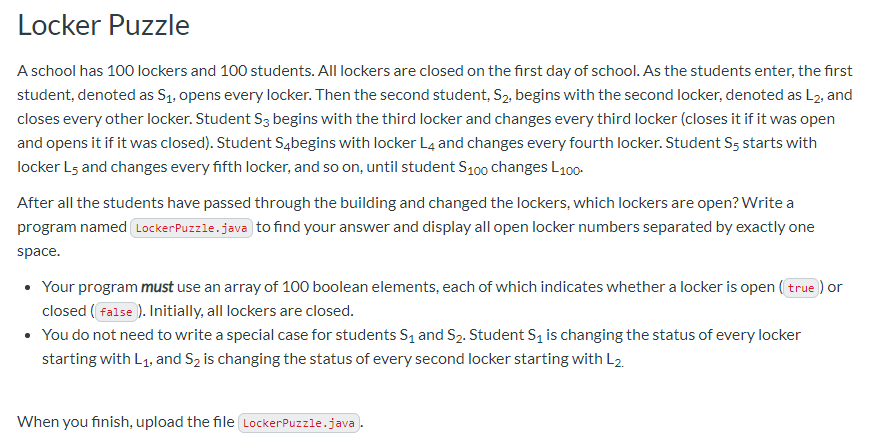 Solved Locker Puzzle A school has 100 lockers and 100 | Chegg.com