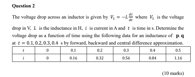 Solved di = Question 2 The voltage drop across an inductor | Chegg.com