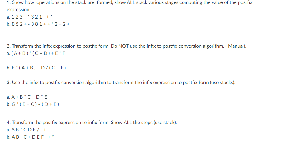 Solved 1. Show how operations on the stack are formed, show | Chegg.com