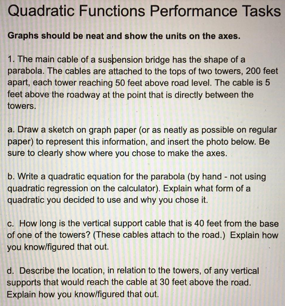 Solved Quadratic Functions Performance Tasks Graphs should | Chegg.com