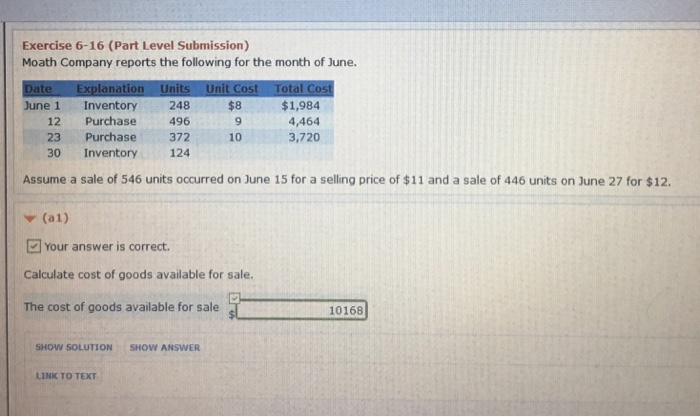 Solved Exercise 6-16 (Part Level Submission) Moath Company | Chegg.com