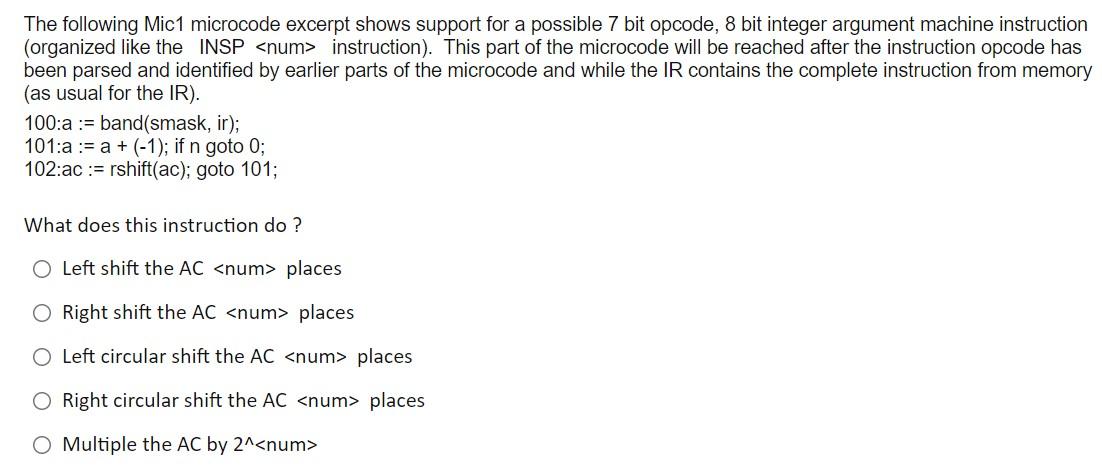 Solved The following Mic1 microcode excerpt shows support | Chegg.com