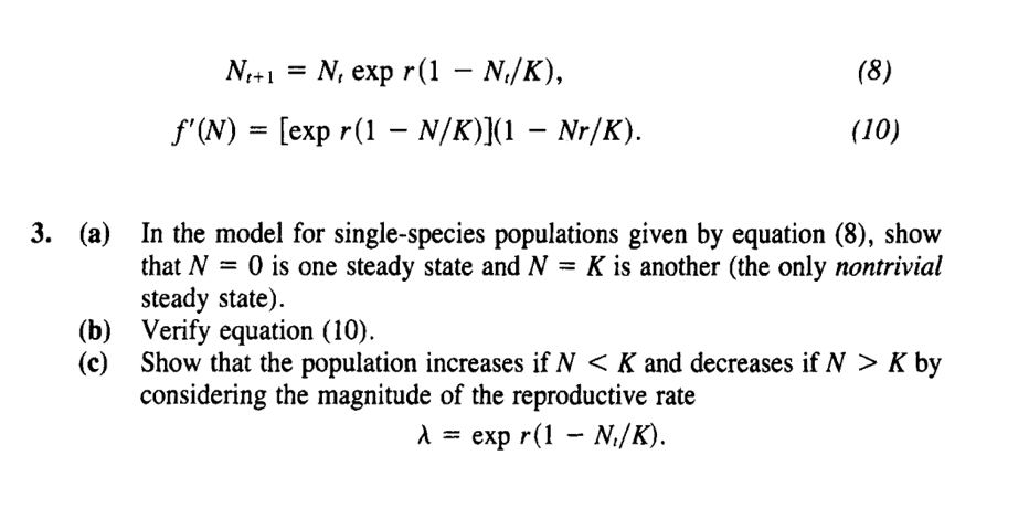 Solved (0 ) Net1 = N, exp r(1 – N./K), f'(N) = [exp r(1 – | Chegg.com