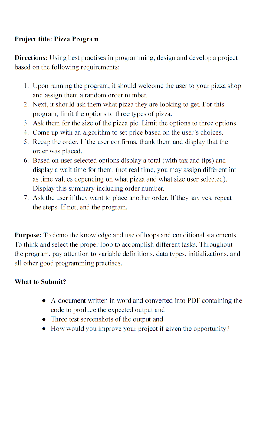 Solved Project title: Pizza Program Directions: Using best | Chegg.com