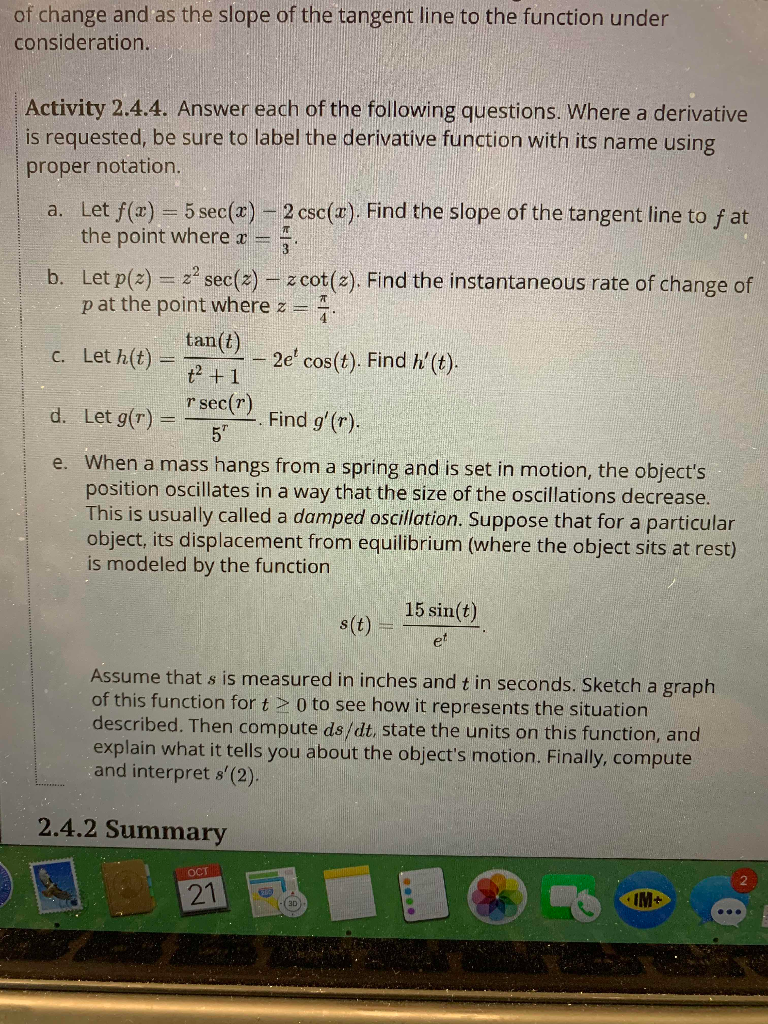 Solved of change and as the slope of the tangent line to the | Chegg.com