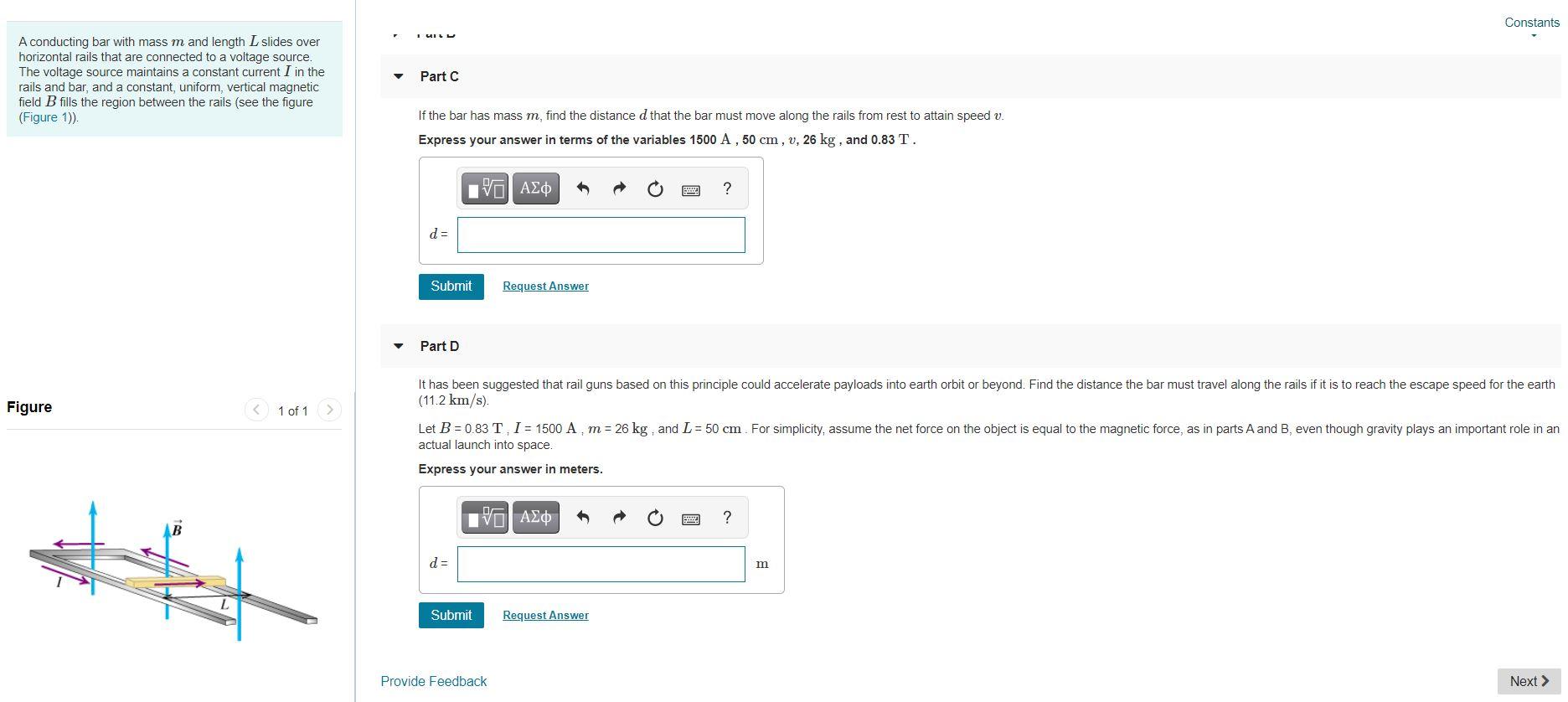 Solved Constants A conducting bar with mass m and length L | Chegg.com