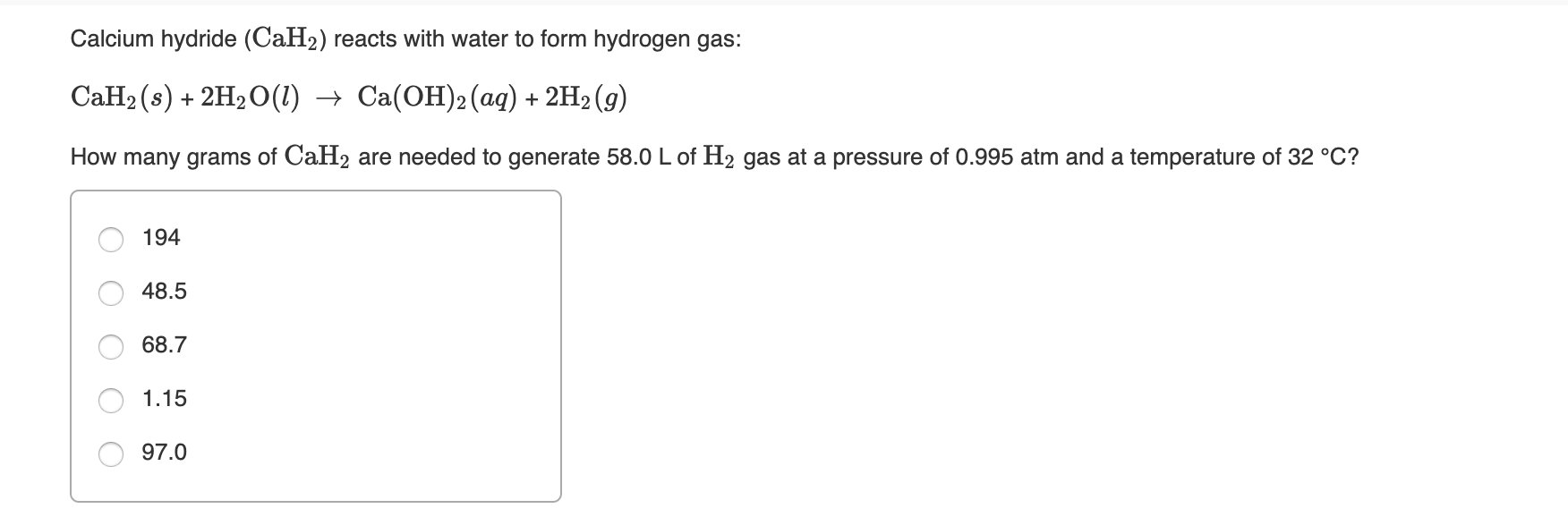 Solved Calcium hydride (CaH2) reacts with water to form | Chegg.com