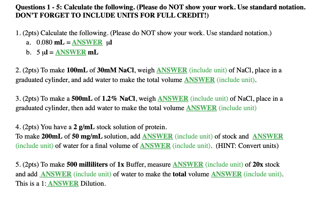 Solved Questions 1 - 5: Calculate the following. (Please do | Chegg.com