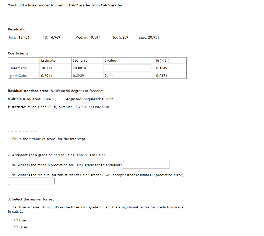 You build a linear model to predict Calc2 grades from | Chegg.com