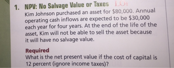 Solved 1. NPV: No Salvage Value or Taxes Kim Johnson | Chegg.com