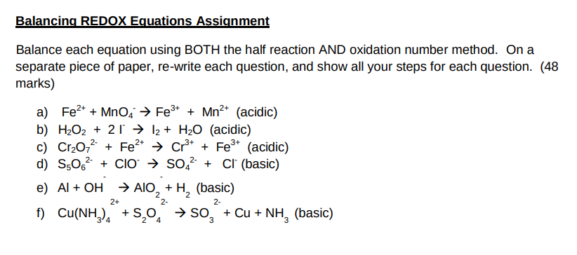 Solved Balancing REDOX Equations Assignment Balance each | Chegg.com