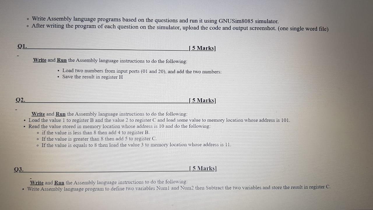 Solved o Write Assembly language programs based on the | Chegg.com