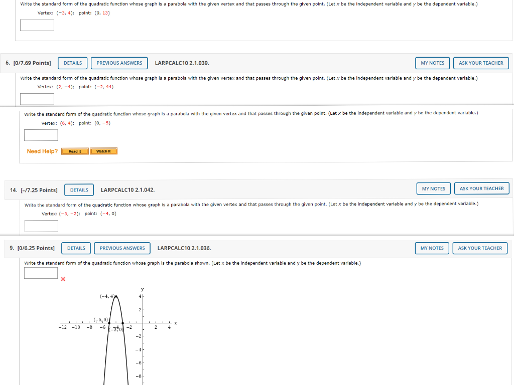 Solved Write The Standard Form Of The Quadratic Function Chegg
