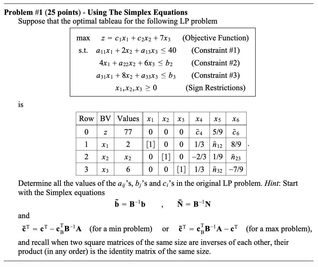 Solved Problem \#1 (25 points) - Using The Simplex Equations | Chegg.com