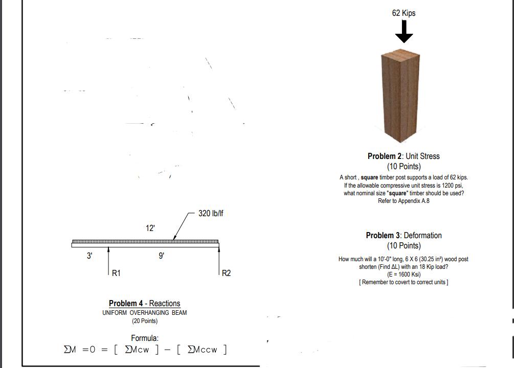 Solved 62 Kips Problem 2: Unit Stress (10 Points) A short, | Chegg.com
