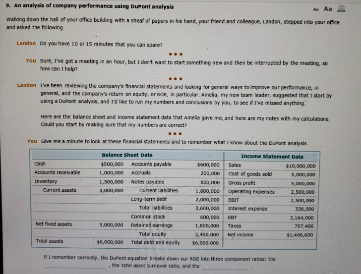 Solved 9. An analysis of company performance using DuPont | Chegg.com