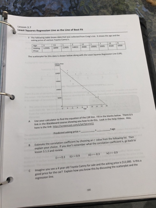 Solved Lesson 3.7 Le ast Squares Regression Line as the Line | Chegg.com