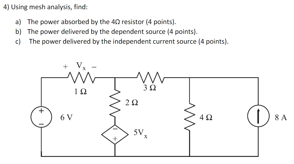 Solved 4) Using mesh analysis, find: a) The power absorbed | Chegg.com