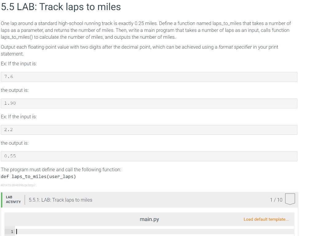 Solved 5.5 LAB: Track laps to miles One lap around a | Chegg.com