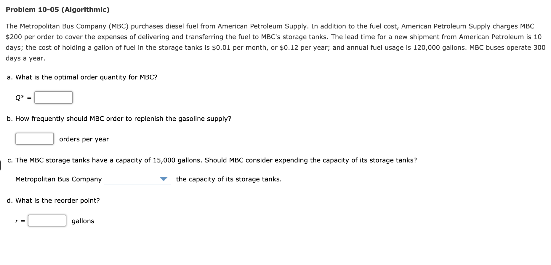 Solved Problem 10-05 (Algorithmic) The Metropolitan Bus | Chegg.com